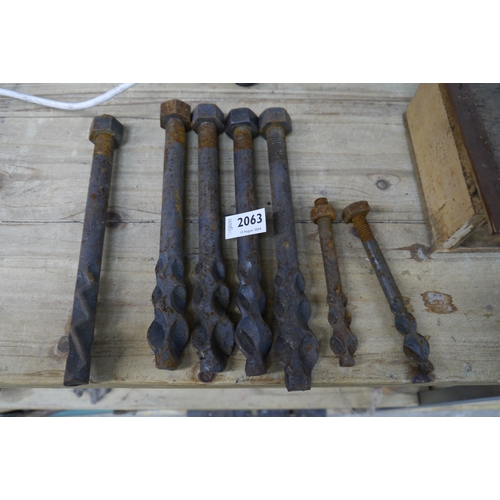 Five 10" "Guest, Keen & Nettlefolds" Foundation bolts and two 6" (7)