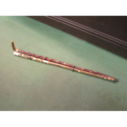 A twisted hazel cane with antler top and a hazel cane with carved bone top