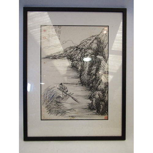 A pair of Japanese ink drawings, figures in mountain and river scenes ...