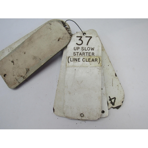 Six traffolite signal box lever plates