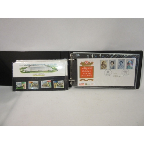 Three framed displays of Royal Mail stamps, and further first day covers