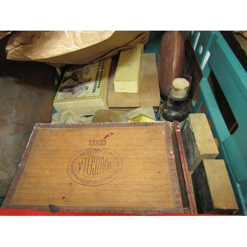 A collection of copper etching plates and tools for lithograph making ...