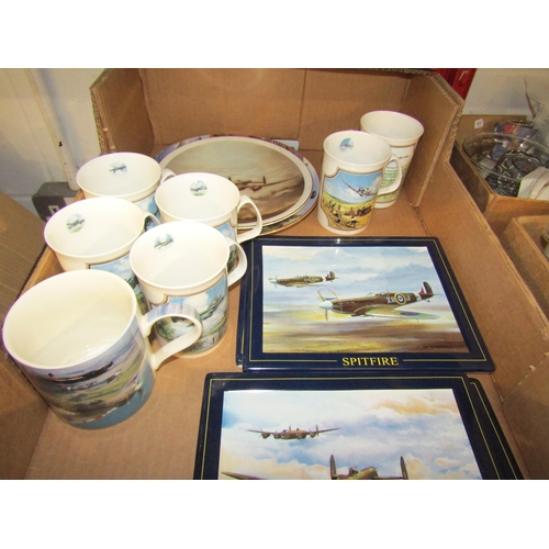 A box containing six porcelain RAF WWII wall plates including Spitfire ...