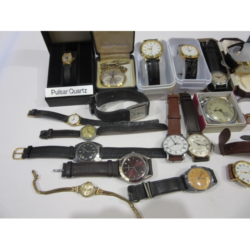 A box of assorted watches including Citron, Pulsar etc.
