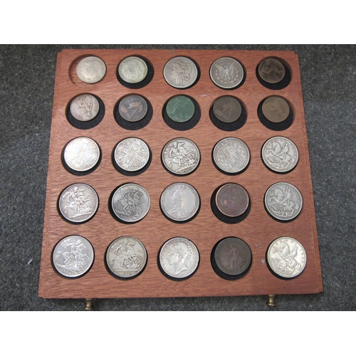 A wooden coin cabinet with fourteen trays, most containing British and ...