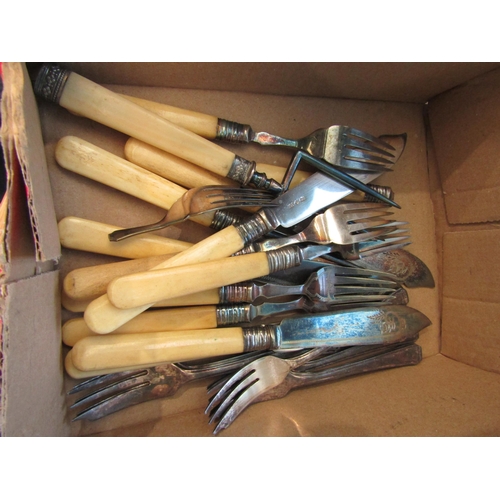 A pair of vases. A box of cutlery and tryptic of hunting dogs and horses