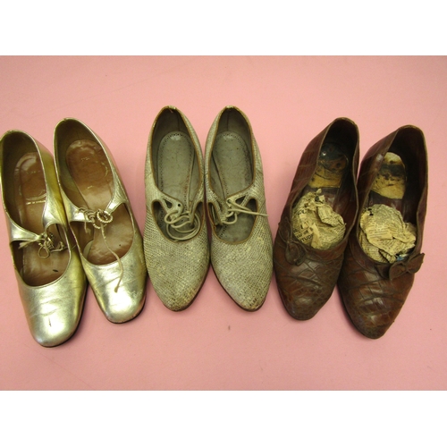 Five pairs of early 20th Century ladies shoes to include gold leather ...