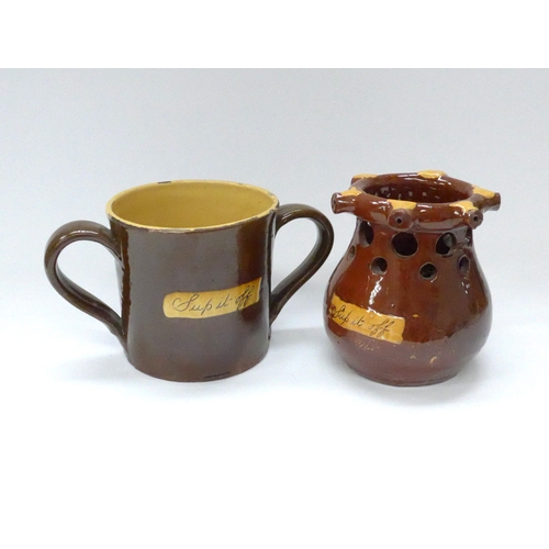 Two c1970's studio pottery slipware items including 'frog' mug and a ...