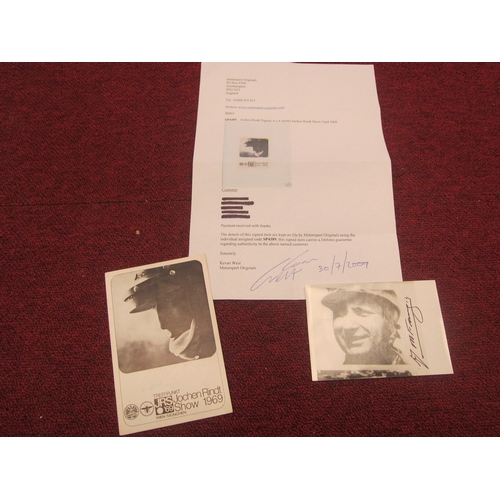 A 6" x 4" show card of Jochen Rindt bearing a faint pencil signed ...