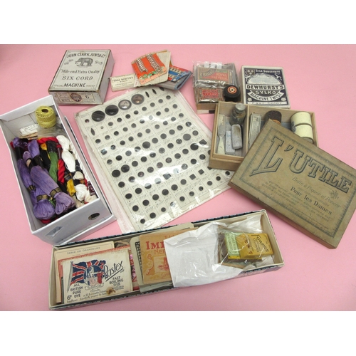Two boxes comprising a good quantity of haberdashery items and all in ...