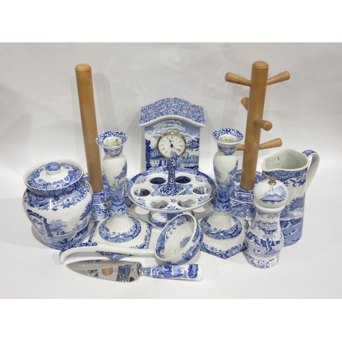 A selection of Spode blue "Italian" including clock, jug, mug tree, egg ...