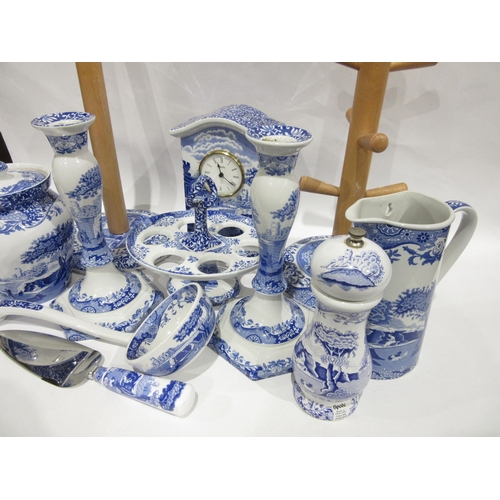 A selection of Spode blue "Italian" including clock, jug, mug tree, egg ...
