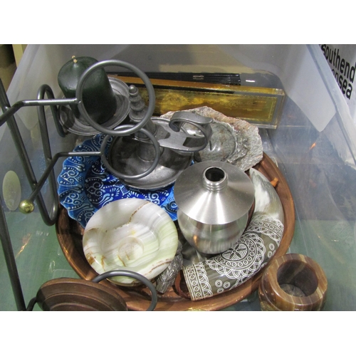 A box of mixed items to include a carved stone scarab, pewter ...