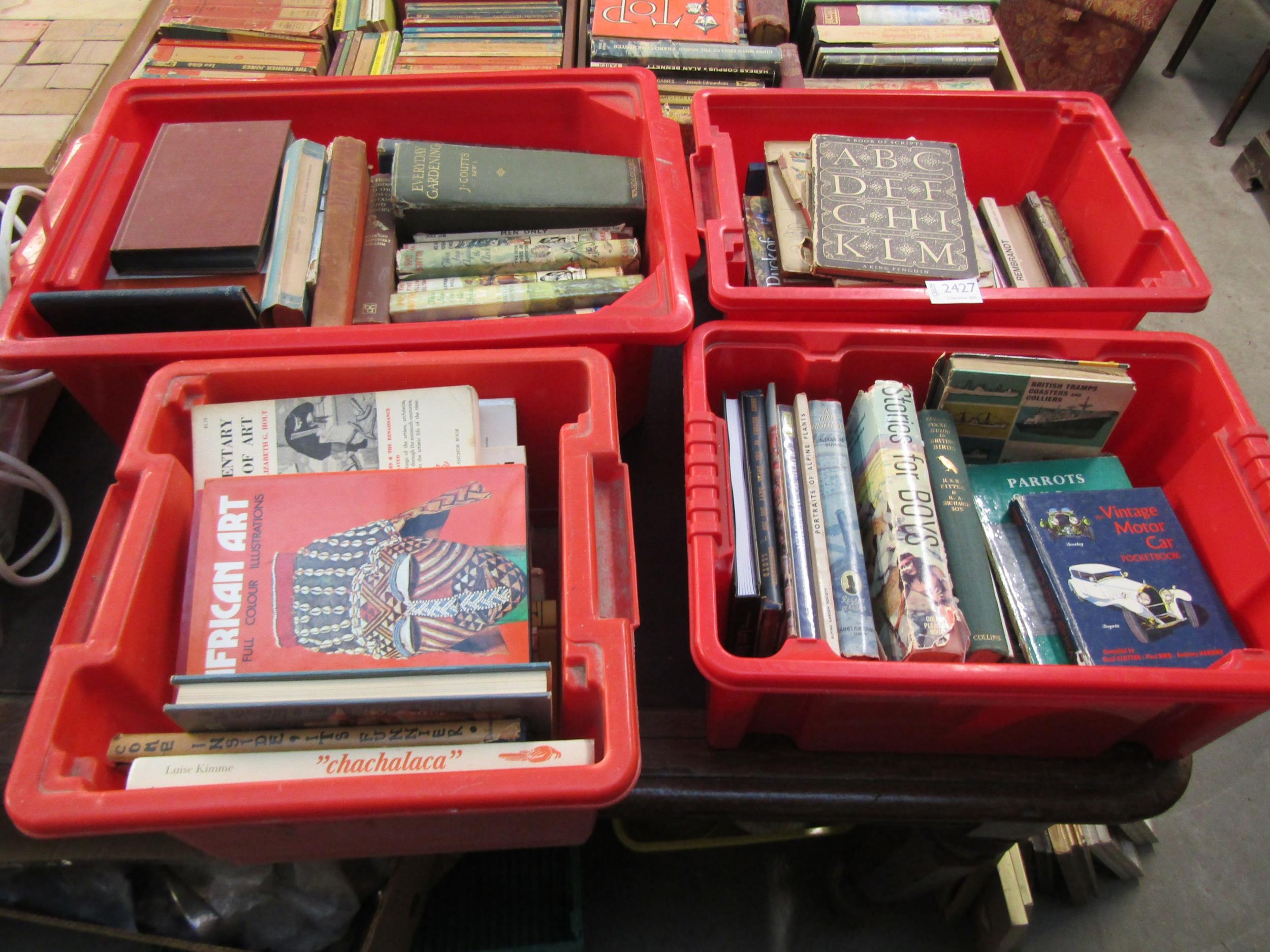 Four red tubs of books