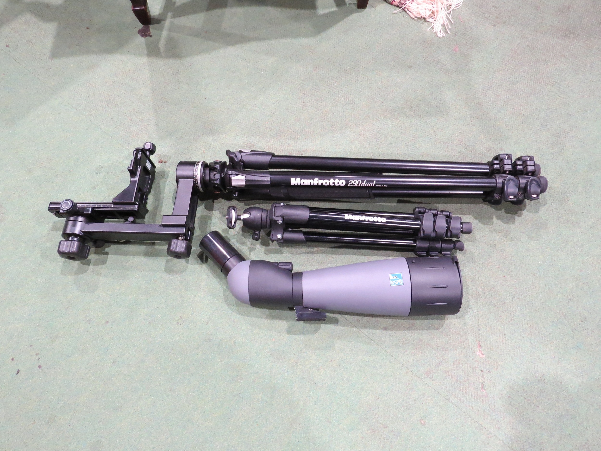 A Manfrotto 290 Dual tripod stand, another Manfrotto stand and an RSPB ...