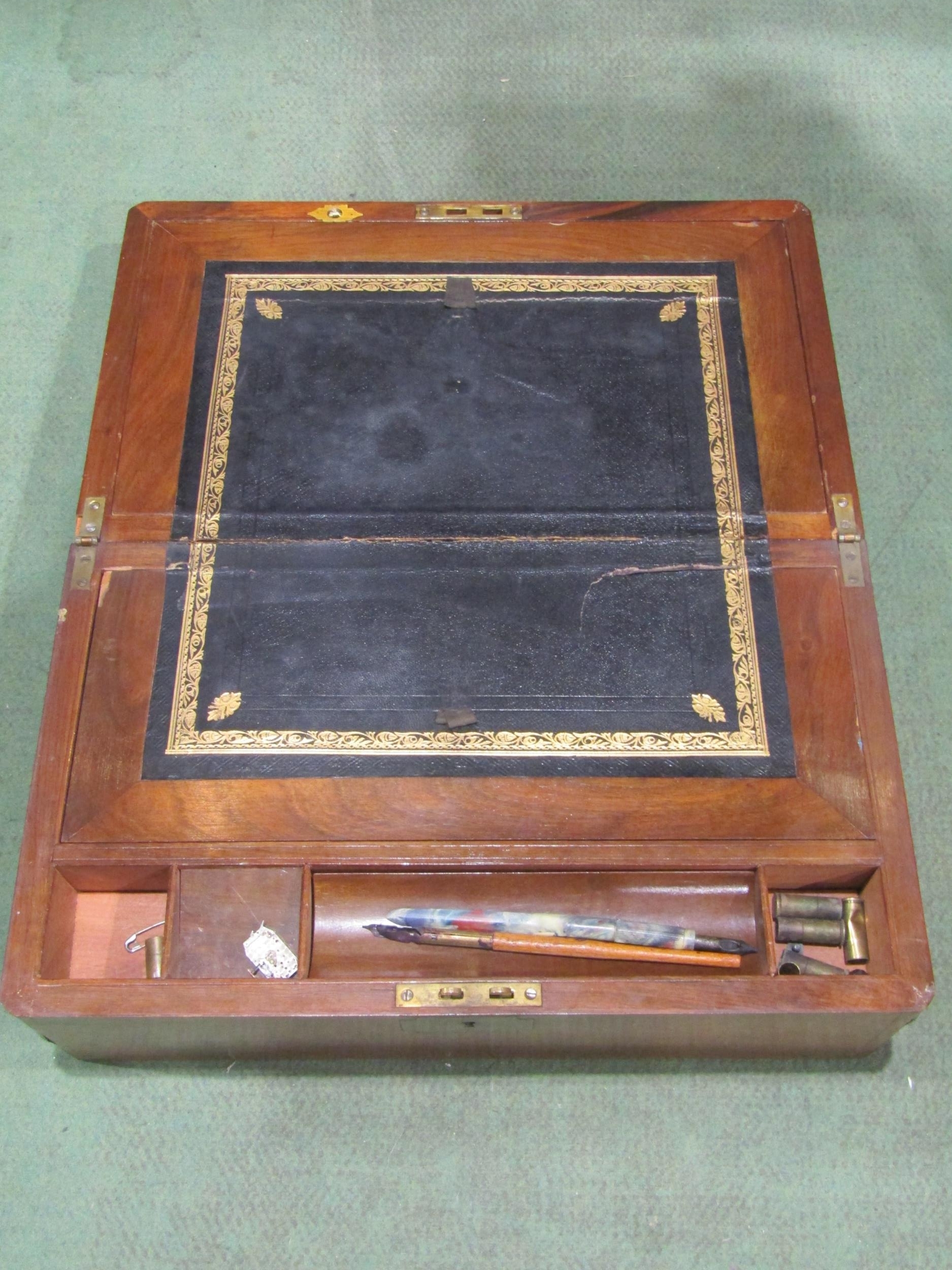 A brass inlaid writing slope, black leather insert, a/f