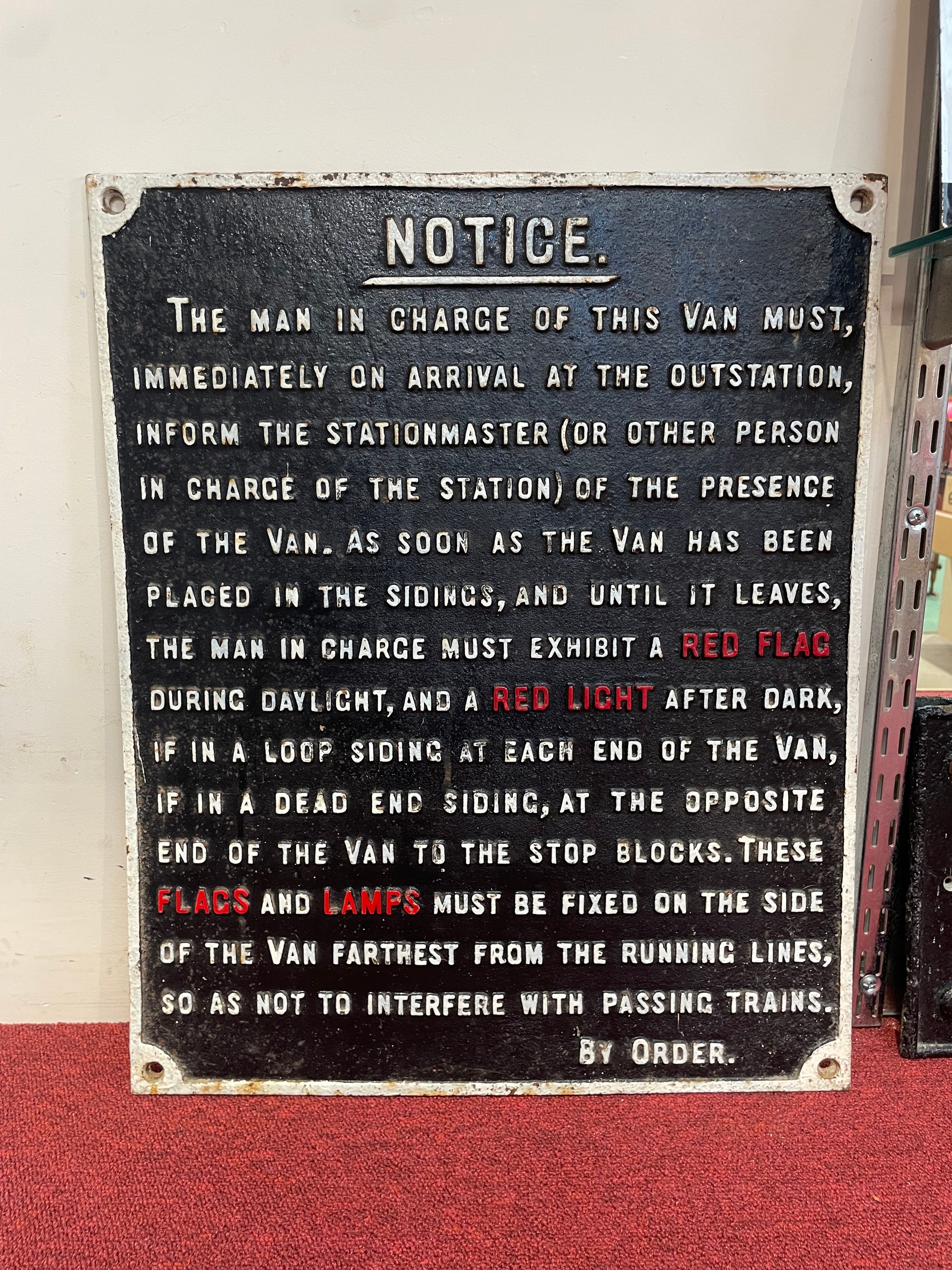 A cast iron GWR untitled Notice referring to the placing of red flags ...