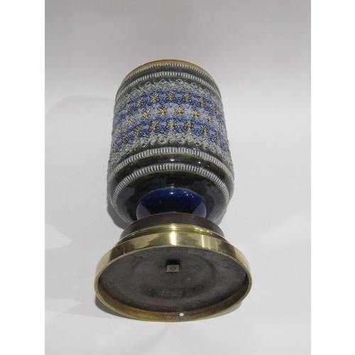 A J Hinks & Son oil lamp, Doulton glazed body on brass stepped base ...