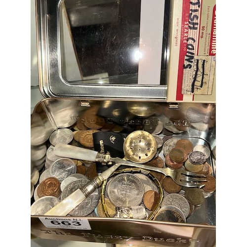 Tin Box of Coins & Collectibles