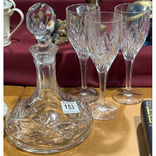 Cavan Crystal Ships Decanter + 3 Galway Crystal Glasses