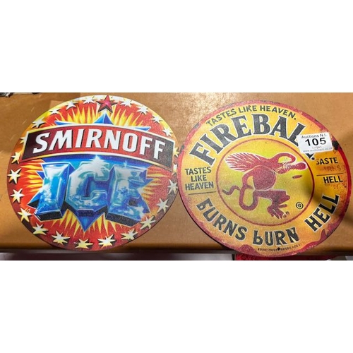 2 x Circular Metal Signs - Smirnoff & Fireball