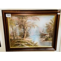 Framed Oil by L Cafieri - Cottage by the River - 19x16"