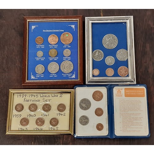 Framed 1939-1945 UK farthing set, framed 9 coin pre decimal coin set ...