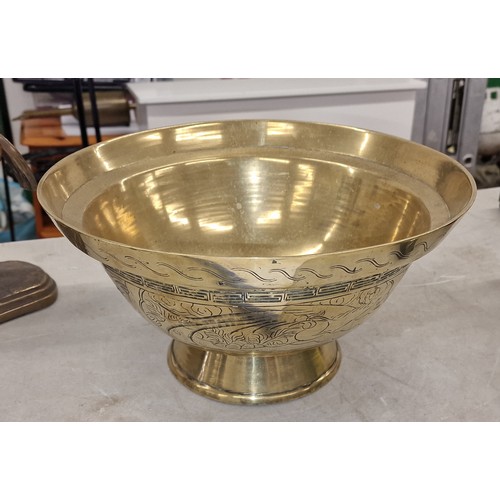 12" diameter and 6" tall old Chinese large brass bowl with engraved ...