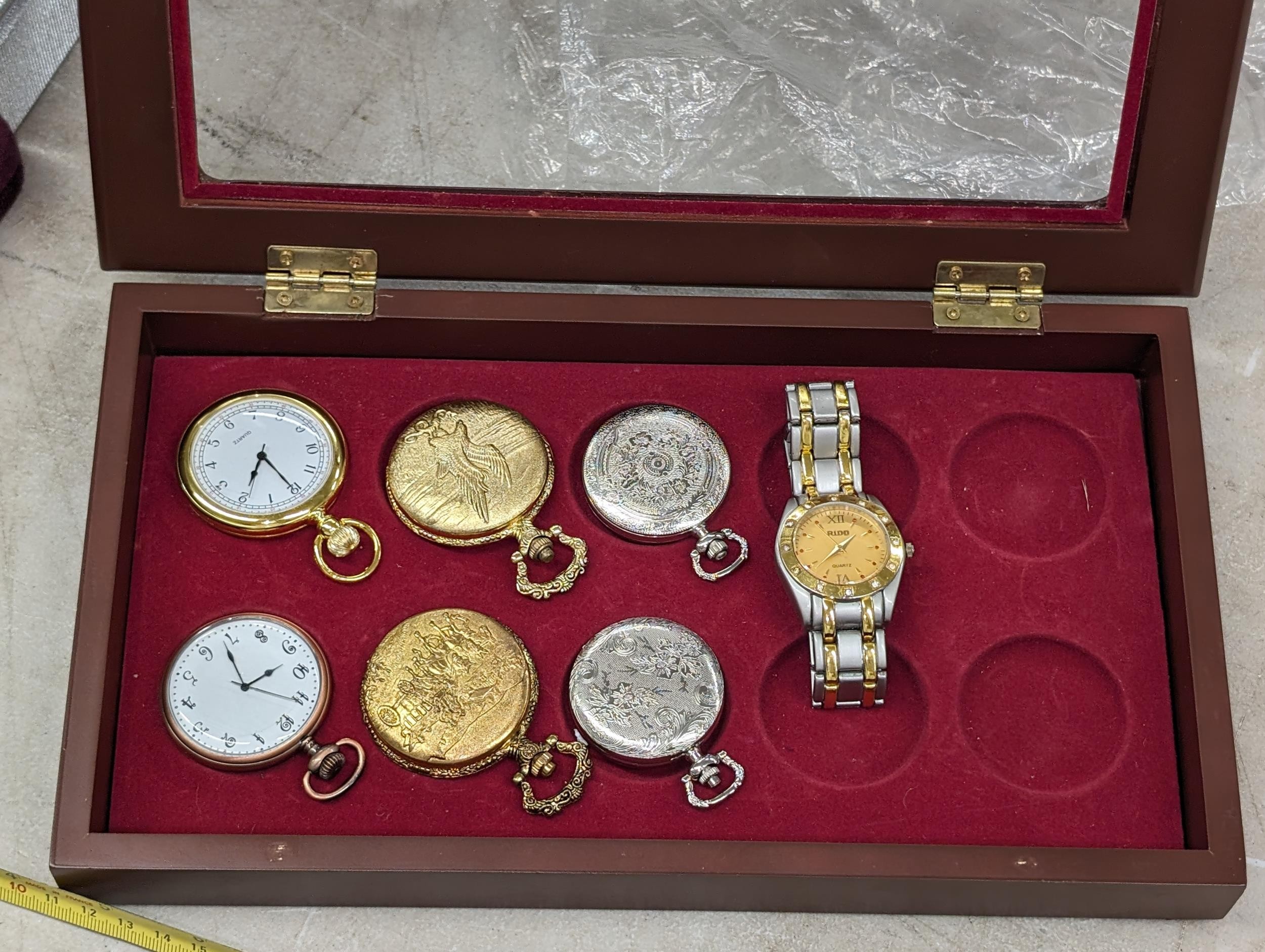 10 pocket watch display case with 6 x quartz pocket watches and gents ...