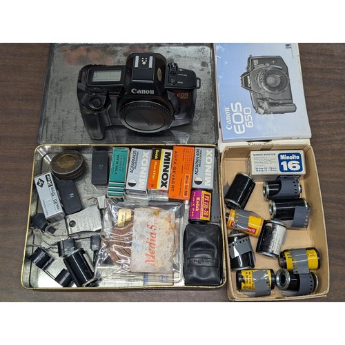 Tin and box of vintage Camera films, Canon Eos 650 camera body with ...