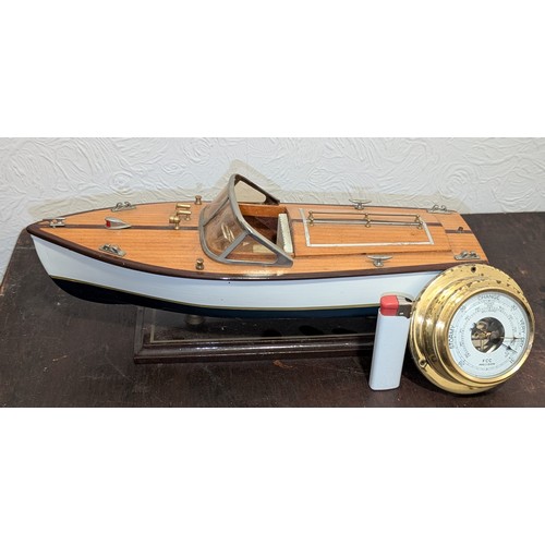 14" long model of a vintage speedboat on stand plus vintage 4" diameter ...