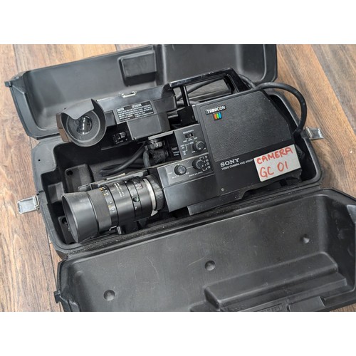 Vintage Sony Trinicon video camera, model HVC-2000P, in hard case