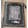 Leather writing folder with sterling silver panel and border front