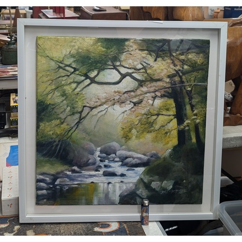 23.75 x 23.75" box framed oil painting on canvas wooded river scape by ...