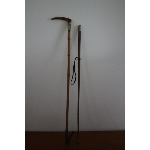 2 x Vintage Riding Crops, one with Antler Handle and Bamboo Cane. Both ...