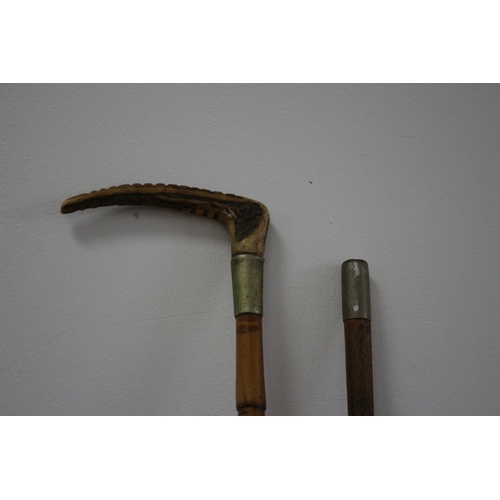2 x Vintage Riding Crops, one with Antler Handle and Bamboo Cane. Both ...
