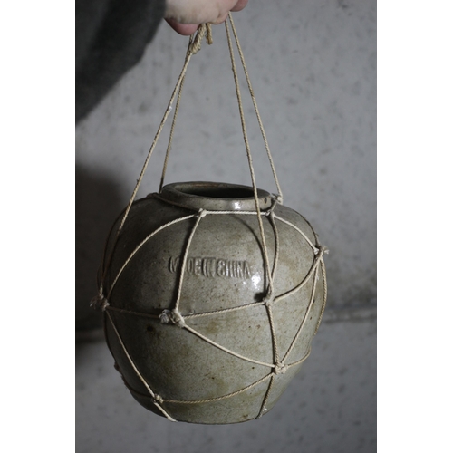 Mid Century Chinese Clay Hanging Pot within String Webbing - 15cm Tall
