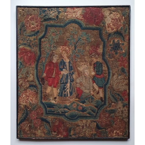 An antique needlework embroidery depicting Medieval figures, in wooden ...