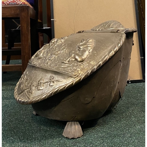 A HEAVY DECORATIVE VICTORIAN COAL SCUTTLE, ‘turtle’ form, with shell ...