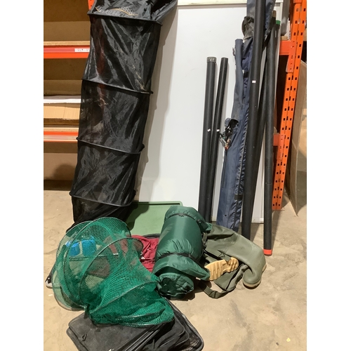 Very large fishing lot inc rods, cases, nets, wellies etc