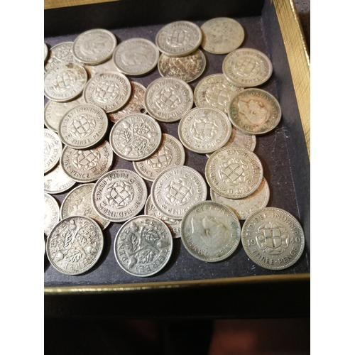 Box of approximately 50 silver threepenny bits