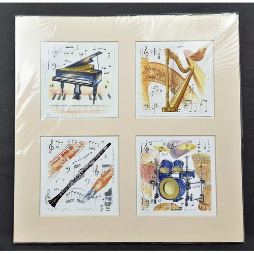 6 musical themed prints with musical instruments on each one ...