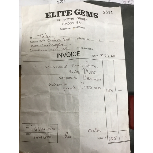 18ct gold diamond ring, with original receipt 23/1/1960, 5.4g