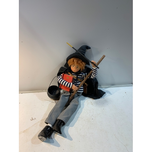 Ceramic wizard with spell book, cauldron and magic wand