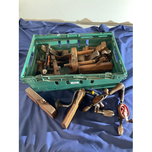 Selection of vintage wood planes and hand drills etc