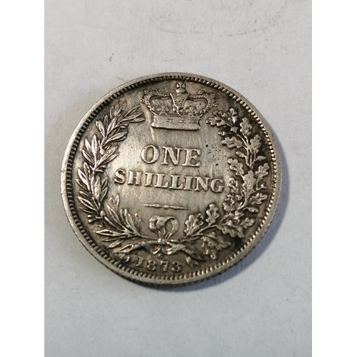 COINS : 1873 Victorian shilling in very fine condition or better