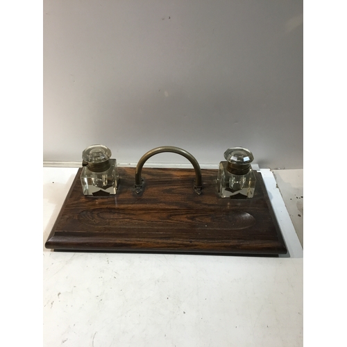 Wooden writing desk aid with glass ink wells