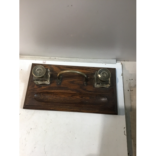 Wooden writing desk aid with glass ink wells