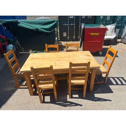 Large rustic farmhouse-style oak table with six chairs - 98x 180cm, 88H cm