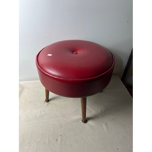 Mid century red leather foot stool with teak legs